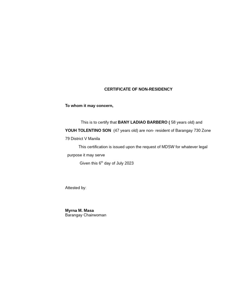 Certificate of Non Residency | PDF