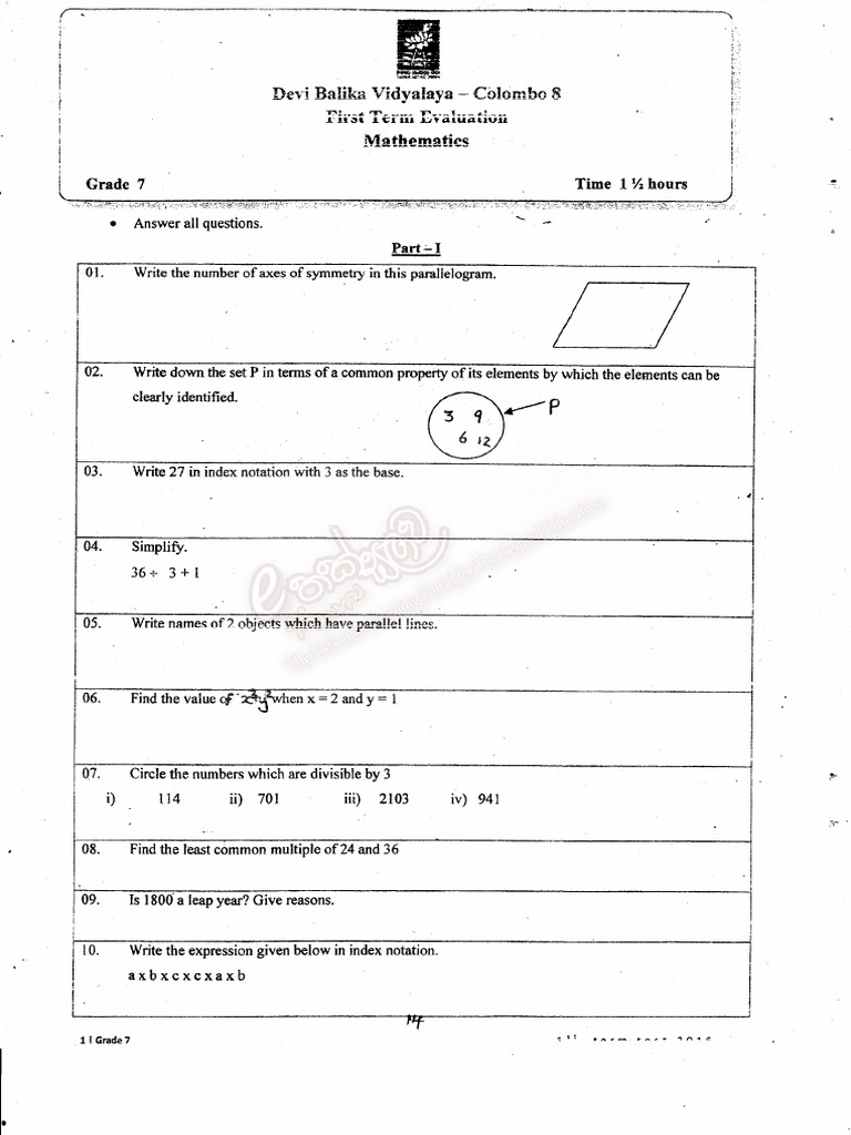 Grade 7 First Term Test Mathematics (EM) - Devi Balika 2016 | PDF