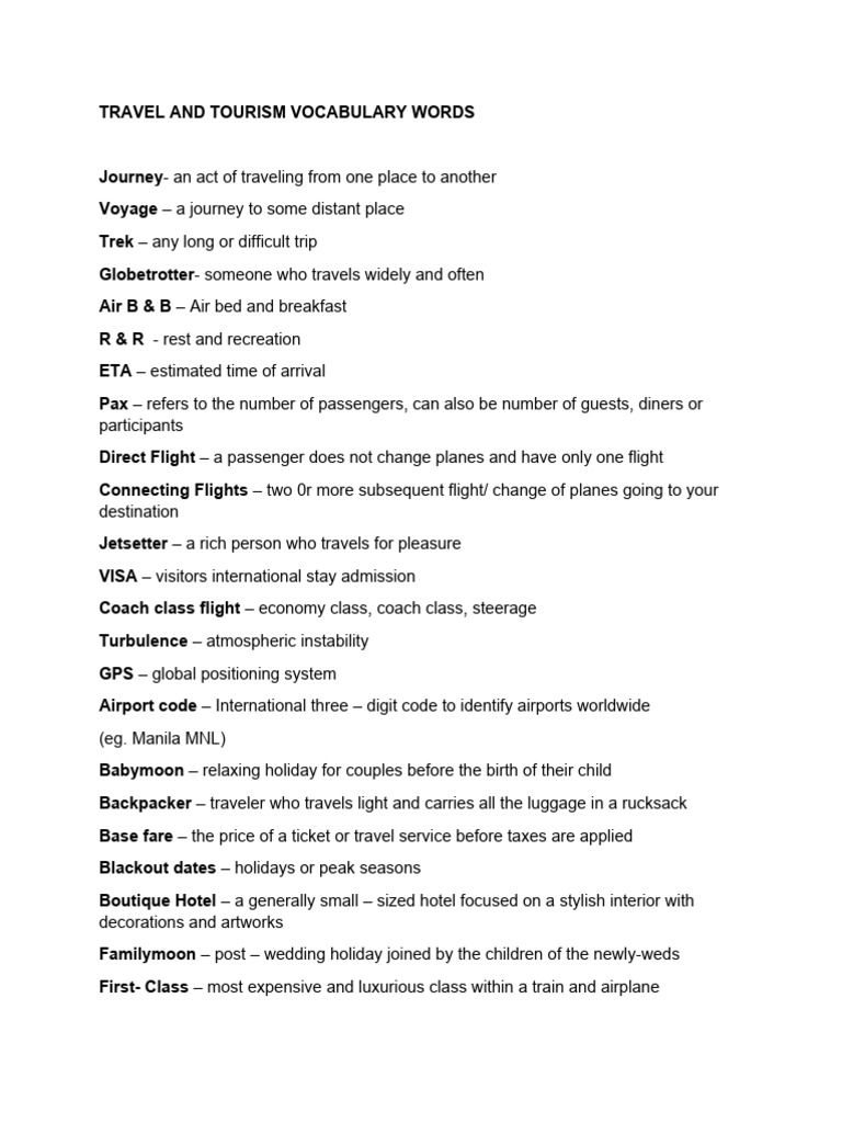 Travel and Tourism Vocabulary Words TPC 6 | PDF
