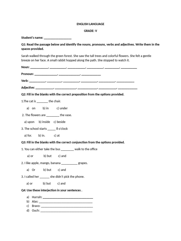 Eng Grammar Worksheet Grade V | PDF