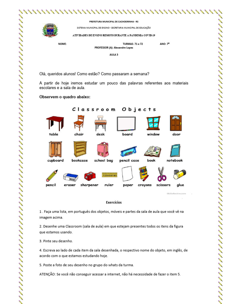 Aula 3 - 7º Ano - Classroom Objects | PDF