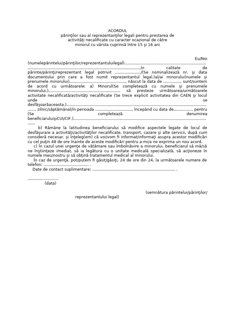 Acord Parinti-Angajare Minor 15-16 Ani | PDF