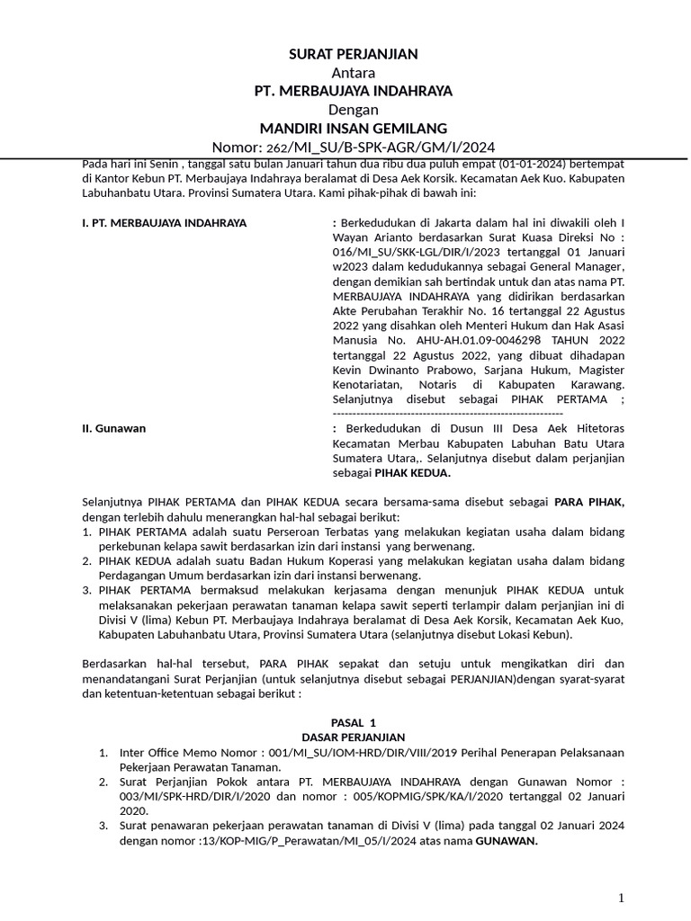Draft SPK No. 262 Atas Pekerjaan Perawatan Tanaman Divisi V An Koperasi ...