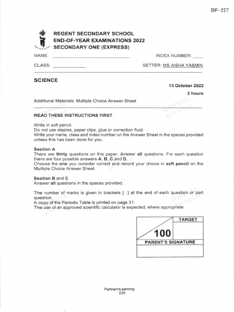 Regent Secondary EOY 2022 Sec 1 Science Group 3 | PDF