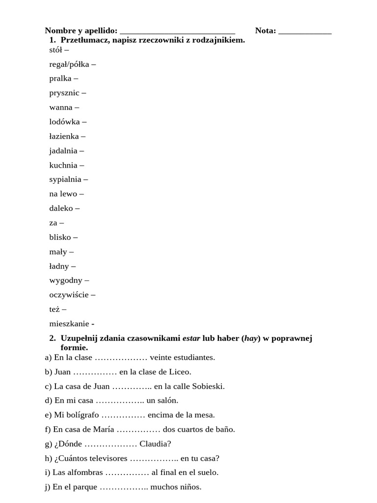 Kartkowka Descubre 1 Leccion 5 | PDF