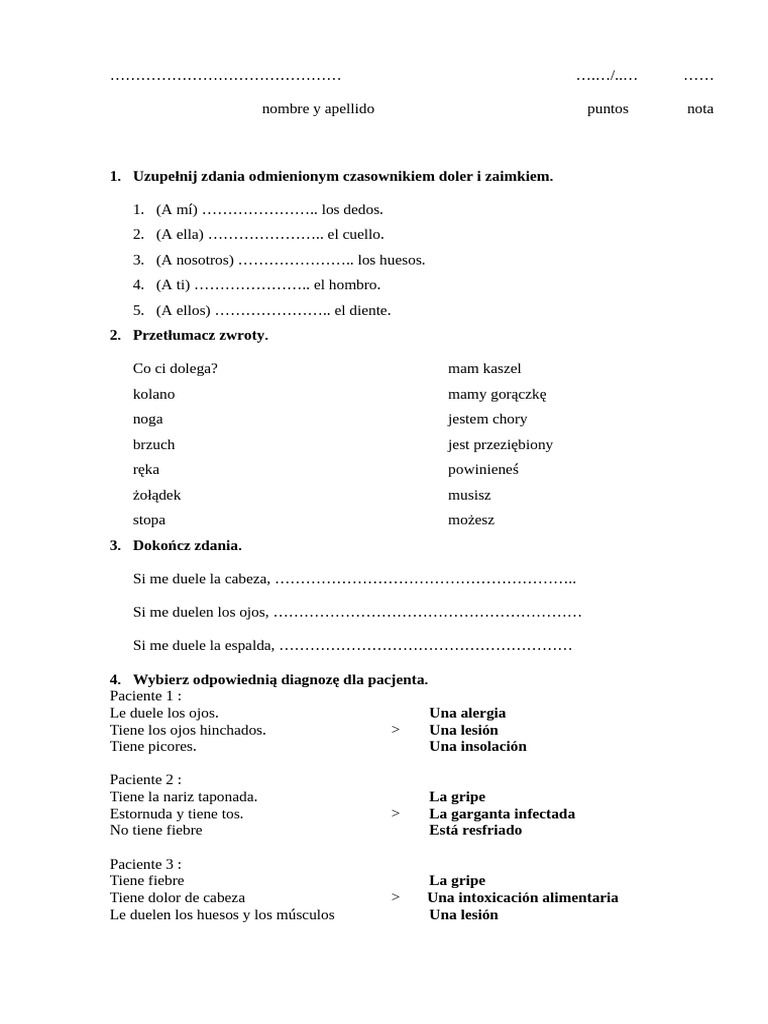 Kartkówka Descubre 2 Unidad 3 Czesci Ciała Doler | PDF