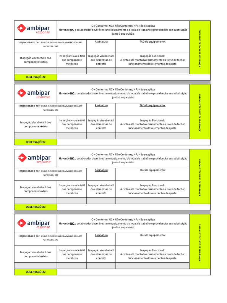 Check List - Cinto de Segurança | PDF