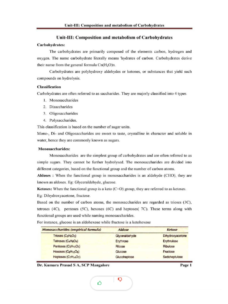 Unit-3 Composition and Metabolism of Carbohydrates | PDF