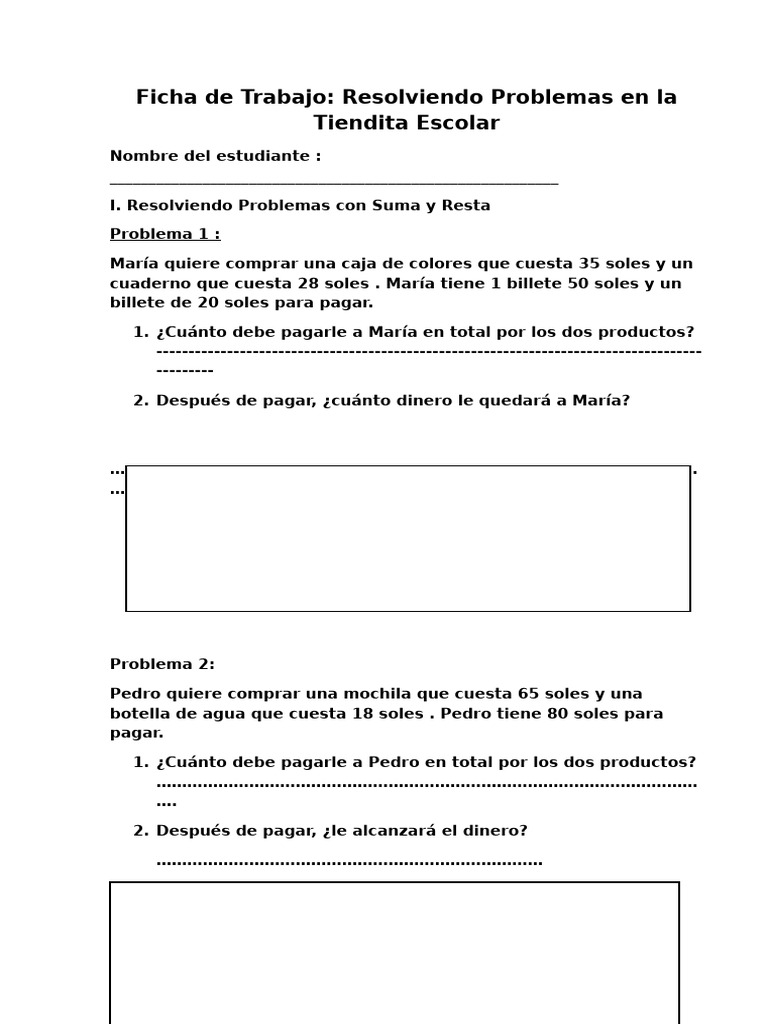 Ficha de Trabajo Suma y Resta Tienda | PDF