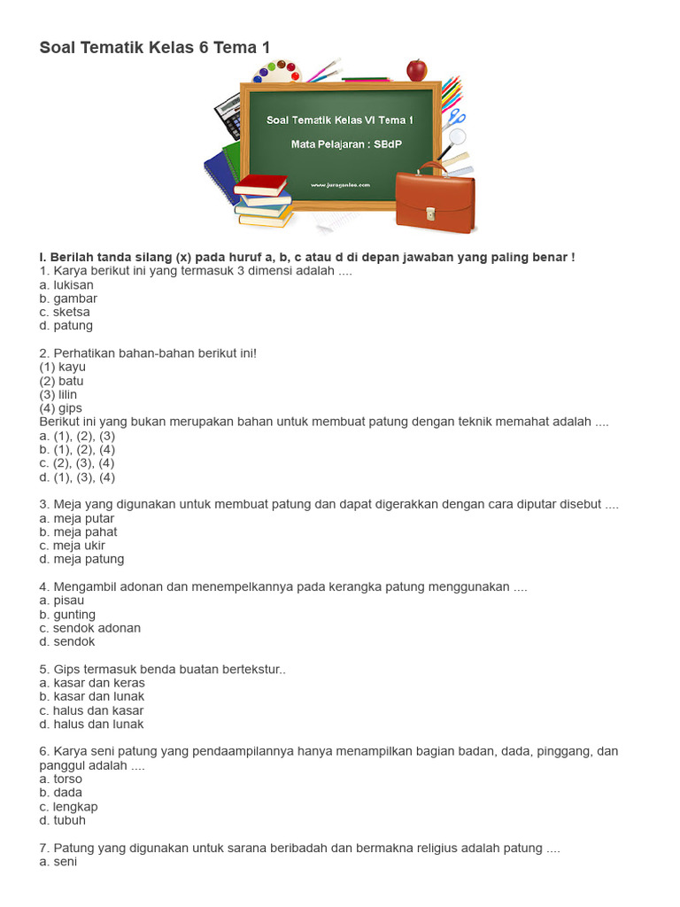 Soal Tematik Kelas 6 Tema 1 Mapel SBDP Dan Kunci Jawaban Juragan Les | PDF