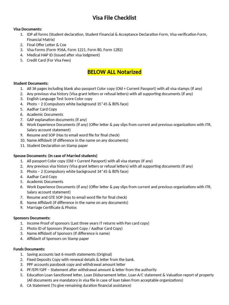 Visa Checklist | PDF