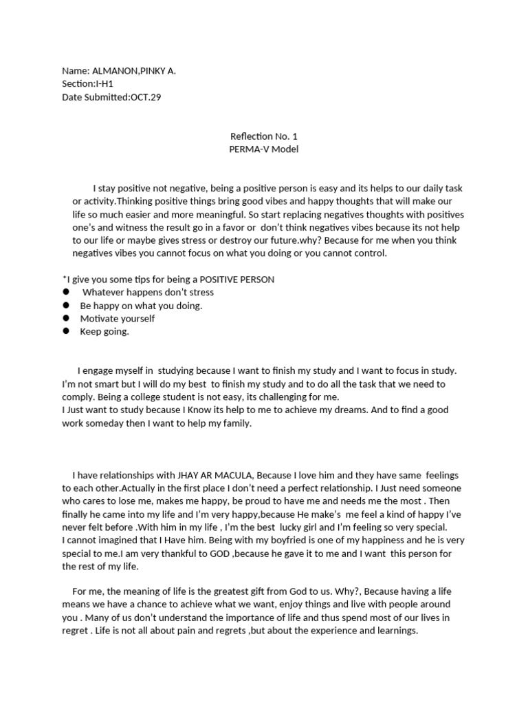 Reflection 1 PERMA V Model | PDF