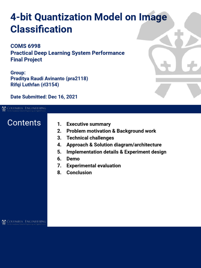 Pra2118 - Rl3154 - COMS 6998 Practical Deep Learning System Performance - Project Presentation | PDF
