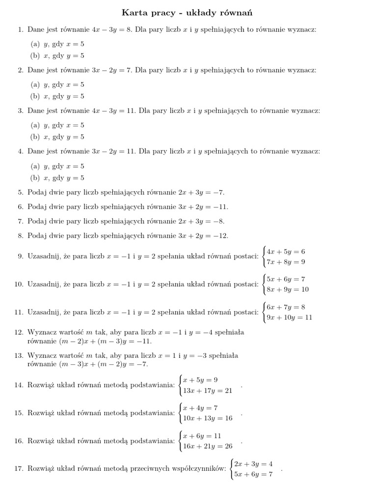 Karta Pracy - Uklady Rownan | PDF