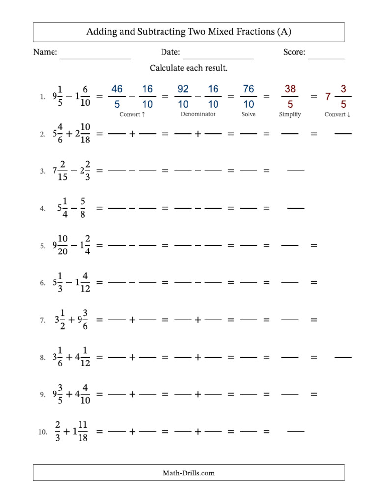 Adding and Subtracting Two Mixed Fractions | PDF