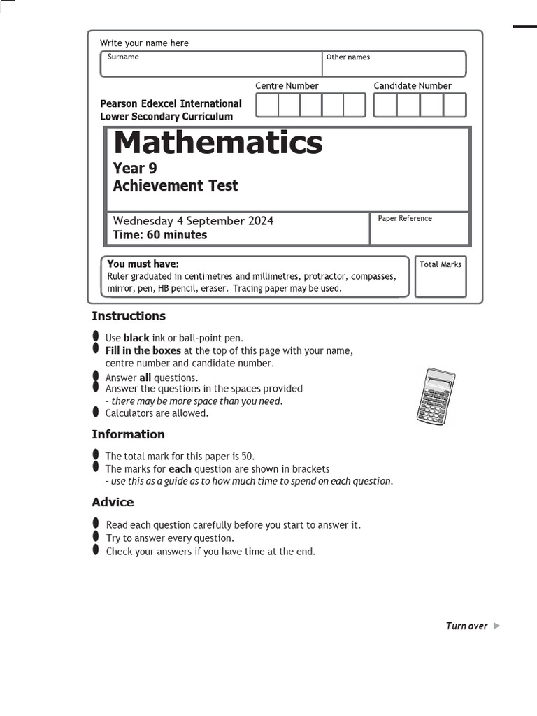 Mathematics: Year 9 Achievement Test | PDF