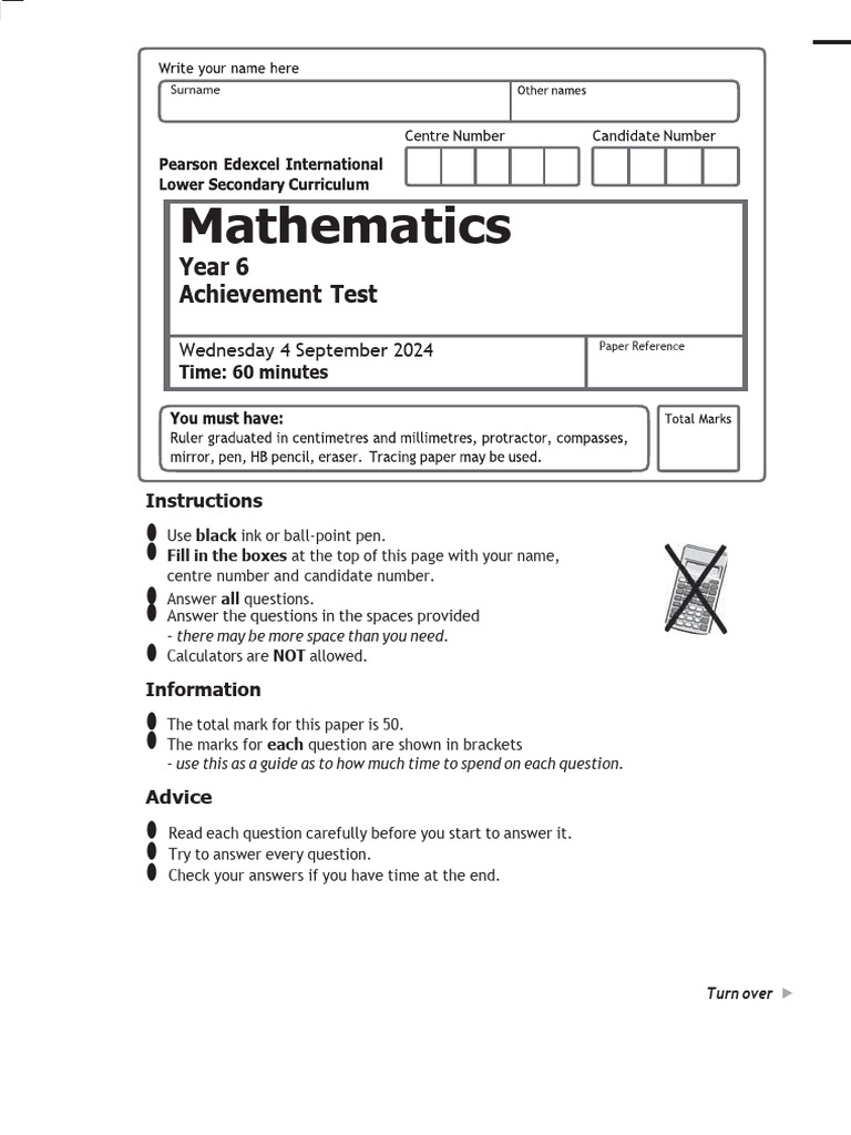 Mathematics: Year 6 Achievement Test | PDF