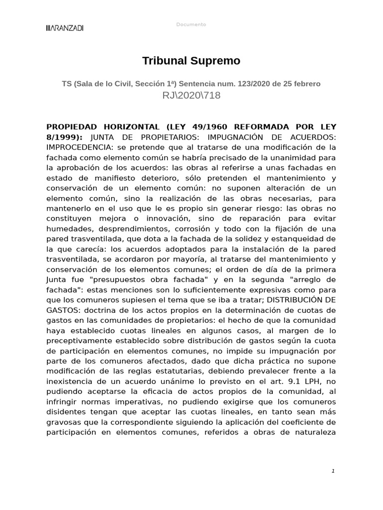 Jur - TS (Sala de Lo Civil, Seccion 1a) Sentencia Num. 123-2020 de 25 Febrero - RJ - 2020 - 718 ...