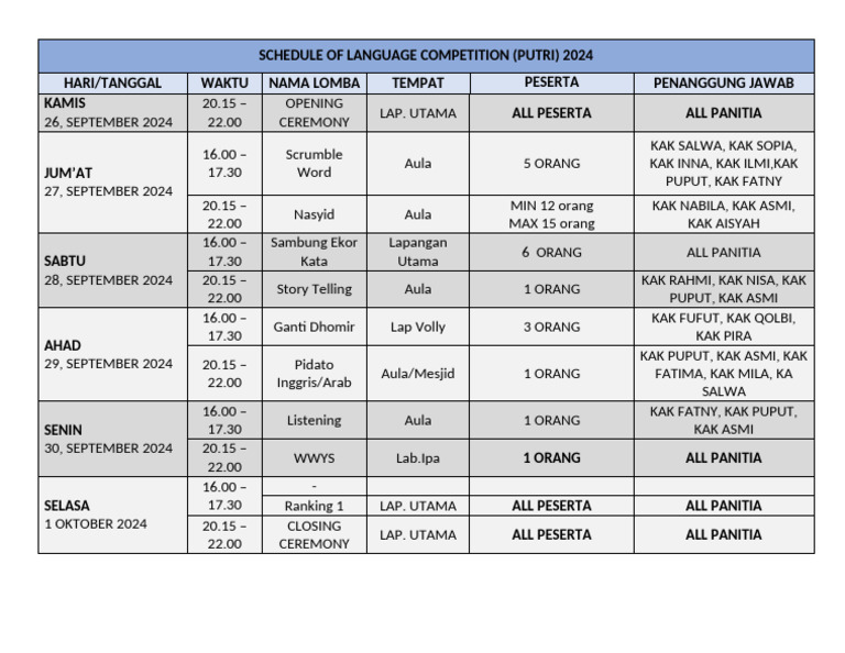 SCHEDULE OF LANGUAGE COMPETITION 24 fix | PDF