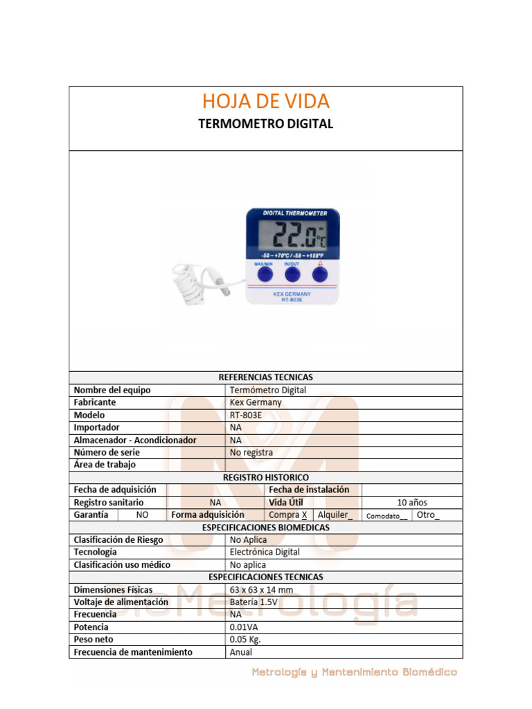 Hoja de Vida - Termómetro RT-803E (NR) | PDF