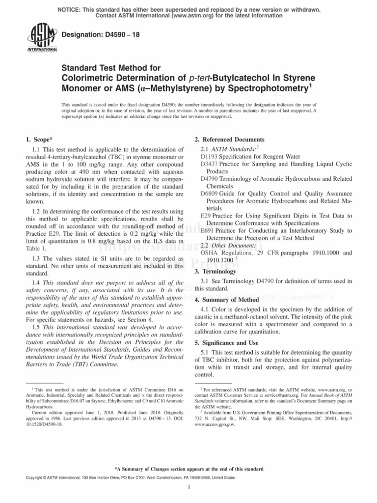 ASTM D4590-18 - Test Method For The Determination of TBC in Styrene | PDF