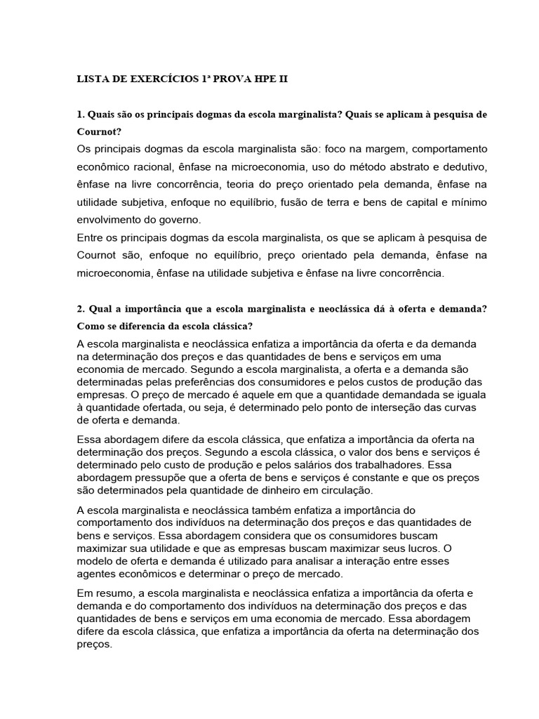 Lista de Exercícios 1 Prova Hpe Ii PDF | PDF | Excedente económico ...