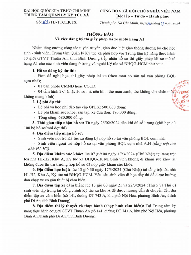 102-TB Dang Ky Thi Giay Phep Lai Xe Moto Hang A1 | PDF
