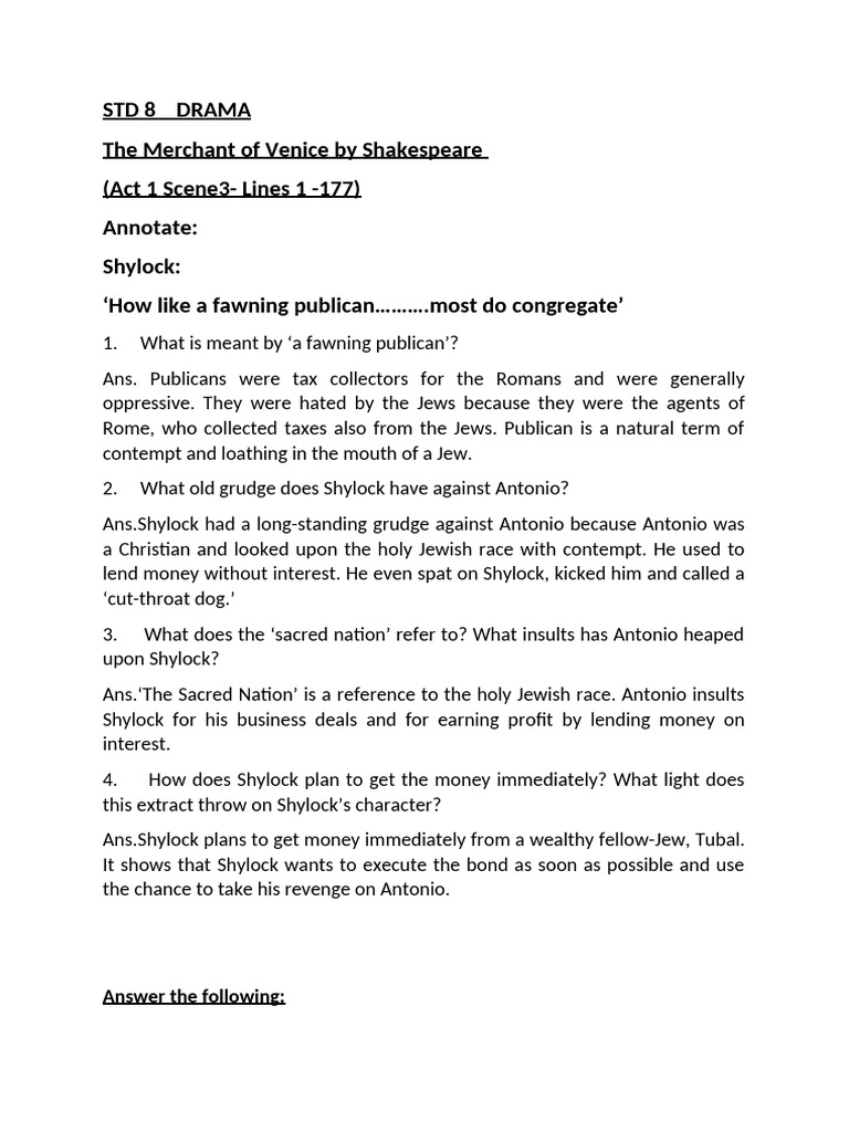 ACT 1 - SC 3-The Merchant of Venice by Shakespeare | PDF