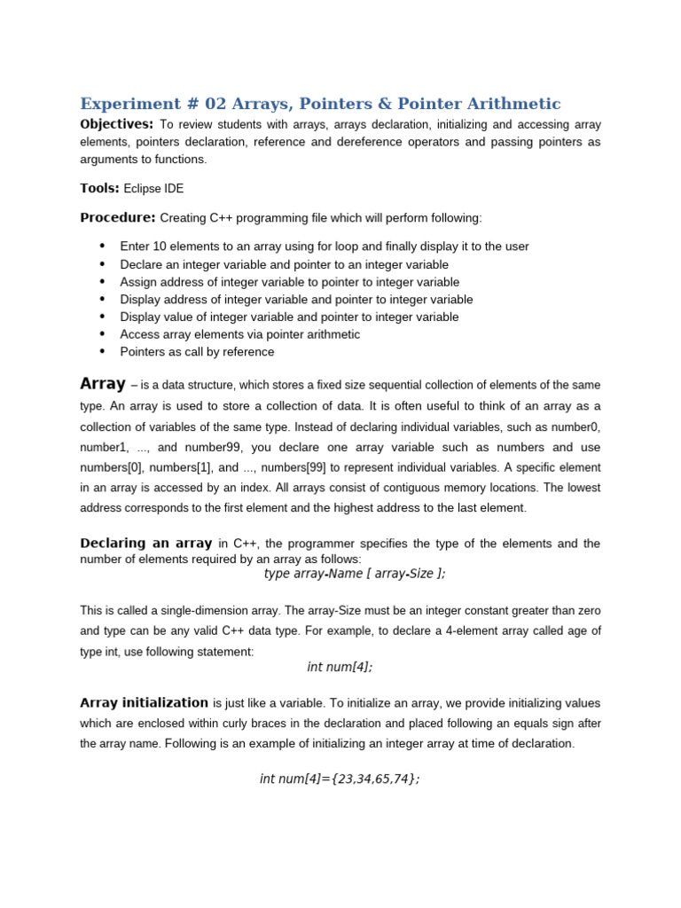 Array Pointer And Pointer Arithematic Pdf Pointer Computer Programming Computers