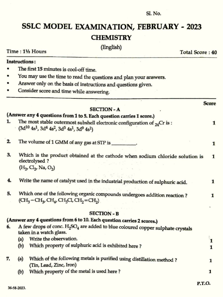 SSLC Model Exam 2023 Chemistry Question Paper EM | PDF