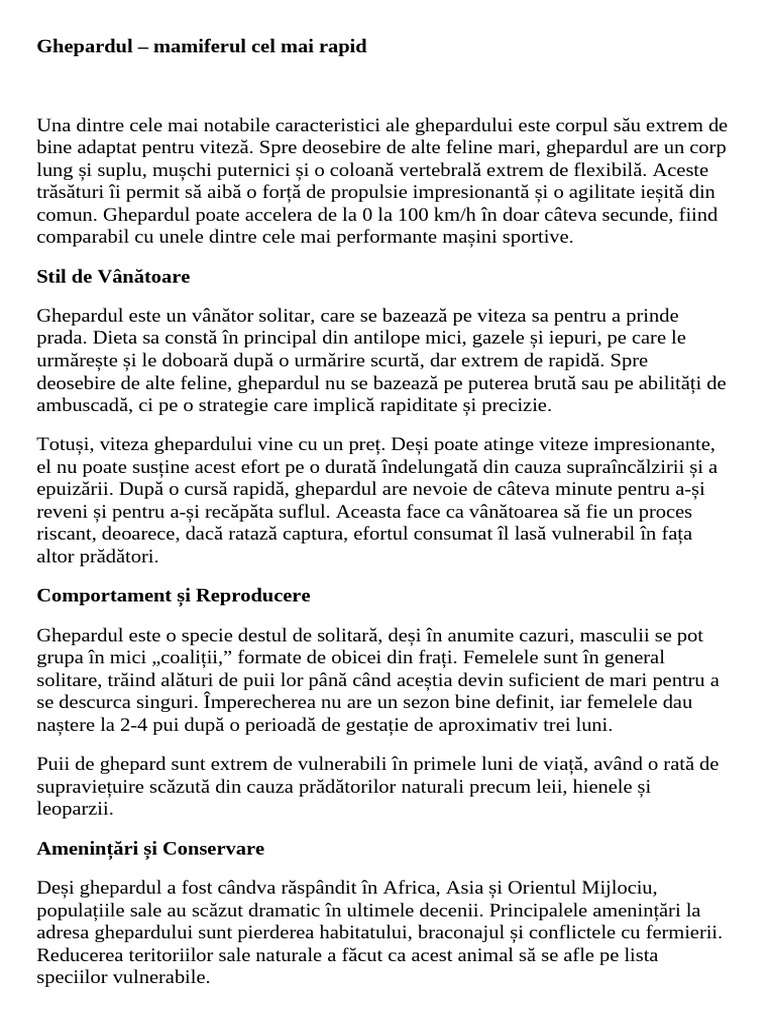 Ghepardul - Cel Mai Rapid | PDF