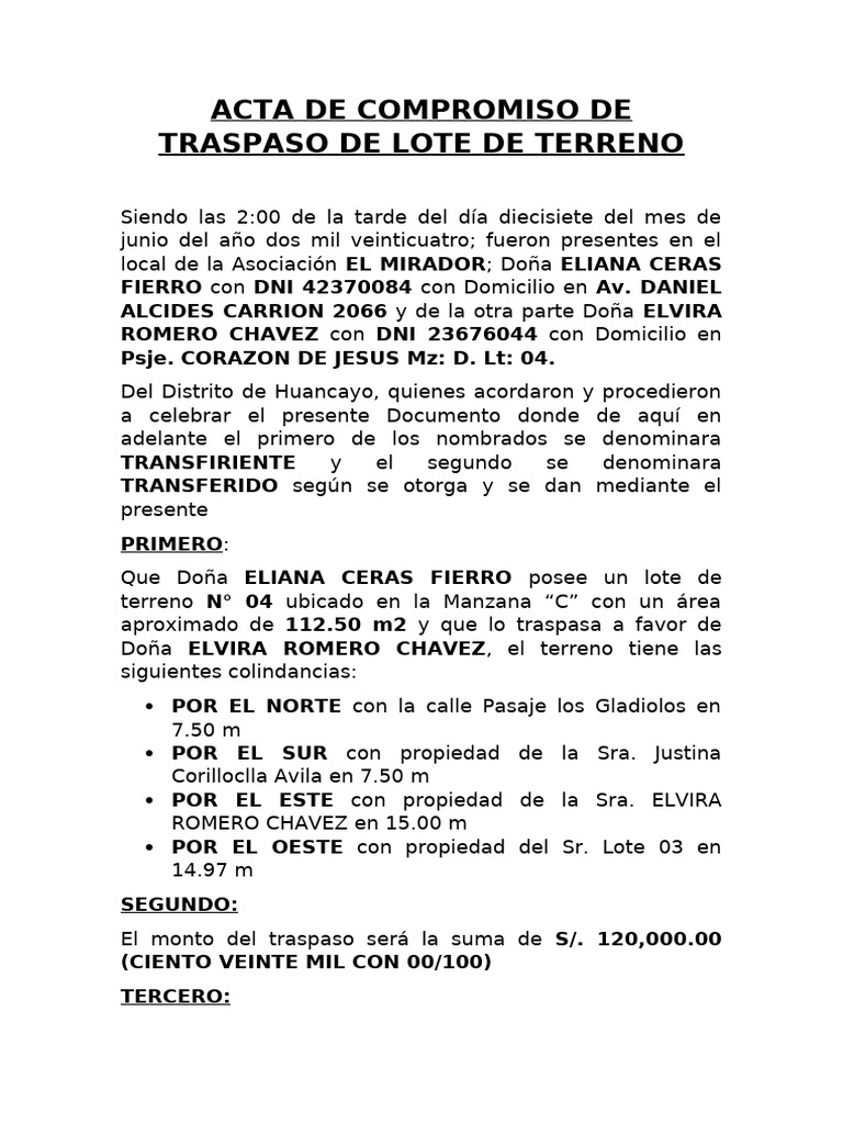 Acta de Traspaso de Terreno N° 04 | PDF