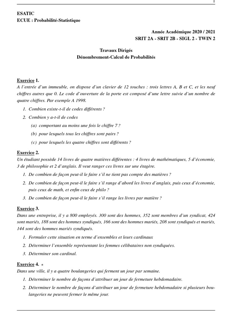 TD1 Dénombrement_Calcul de Proba | PDF