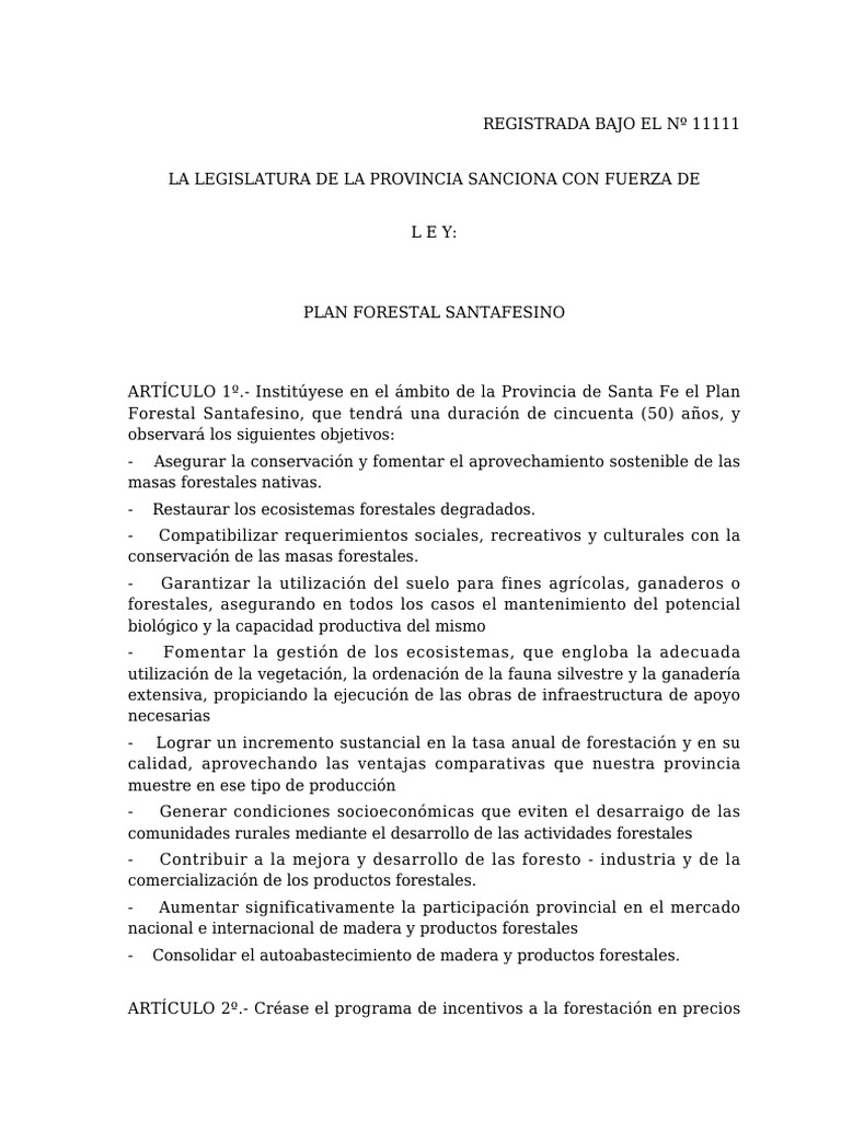 Ley 11.111 - Plan Forestacion Santa FE | PDF
