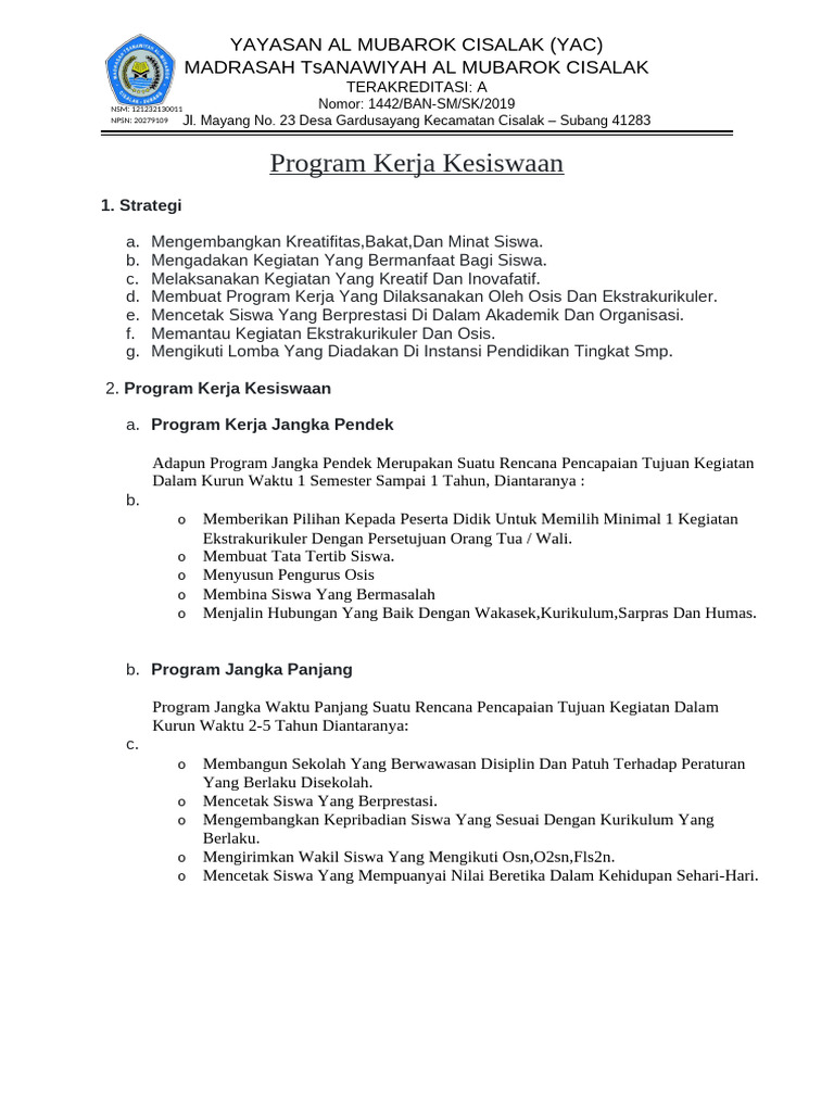 PROGRAM KERJA KESISWAAN | PDF