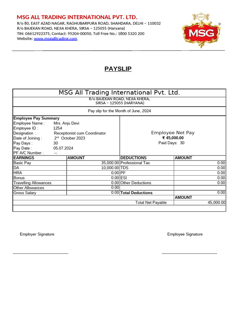 MSG salary slips June | PDF