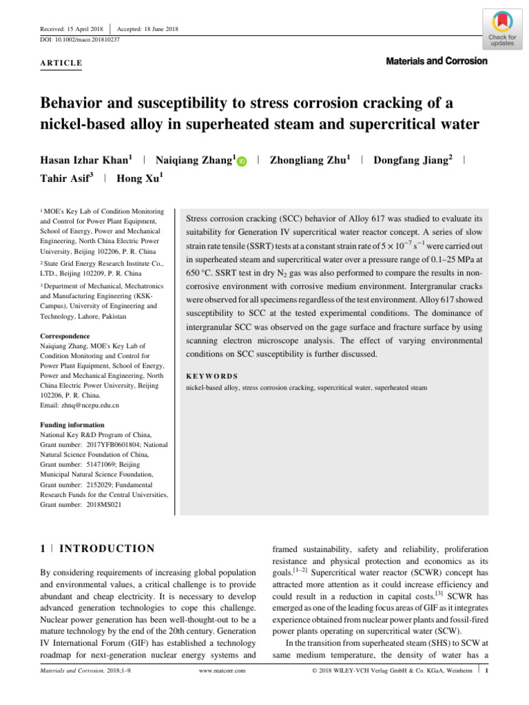 Behavior and Susceptibility To Stress Corrosion Cracking of A Nickel ...