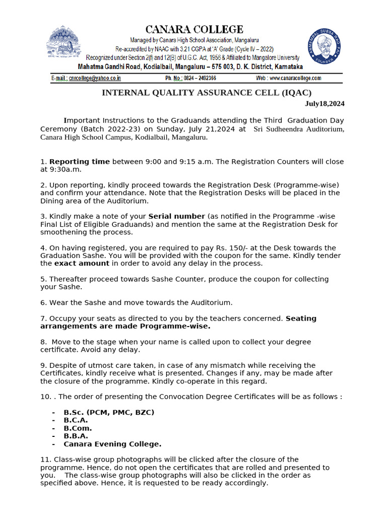 Instructions To Graduands 21st July | PDF