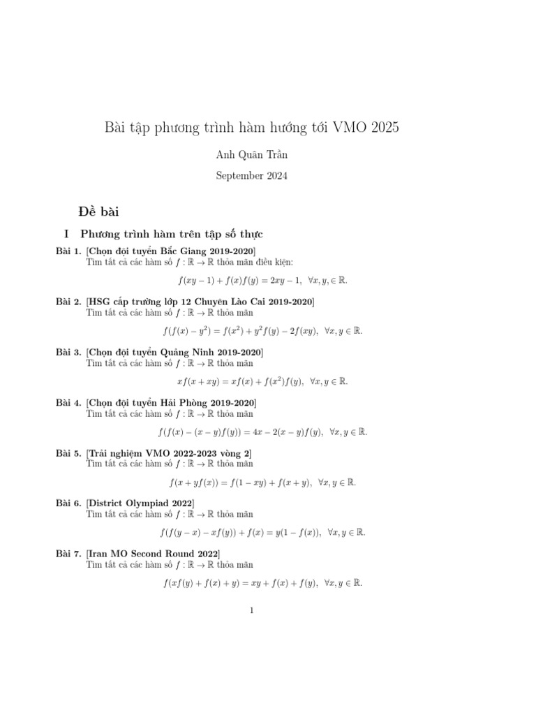 Bài tập phương trình hàm hướng tới VMO 2025 | PDF