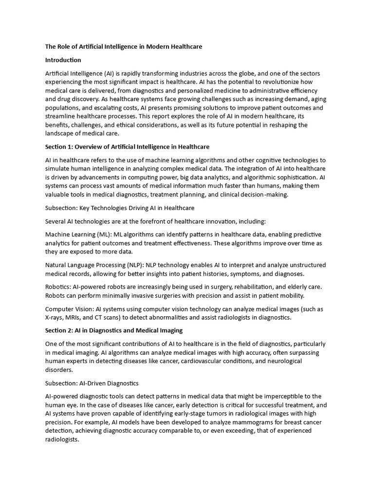 The Role of Artificial Intelligence in Modern Healthcare | PDF