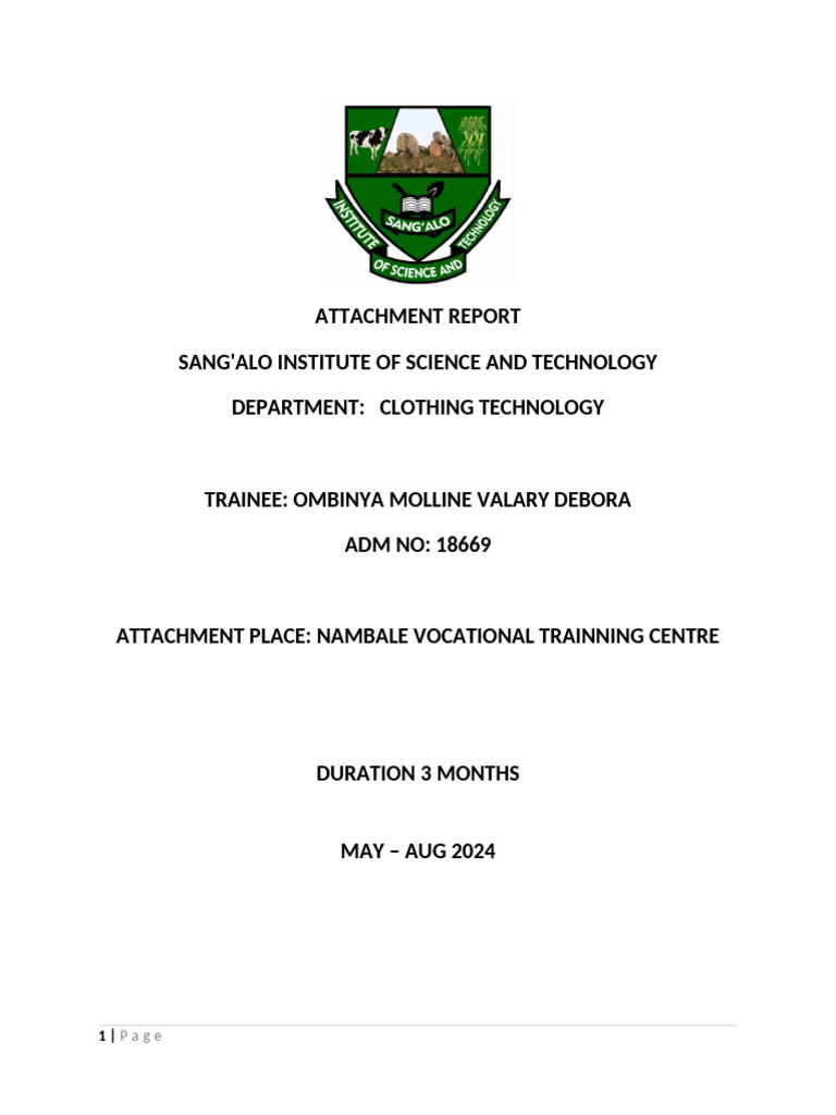 Attachment Report Sang'Alo Institute of Science and Technology Department: Clothing Technology | PDF