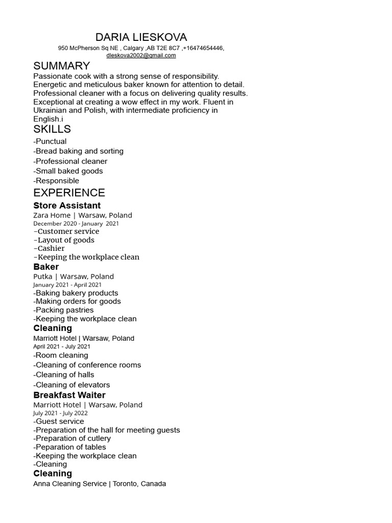 Daria Lieskova: Store Assistant | PDF