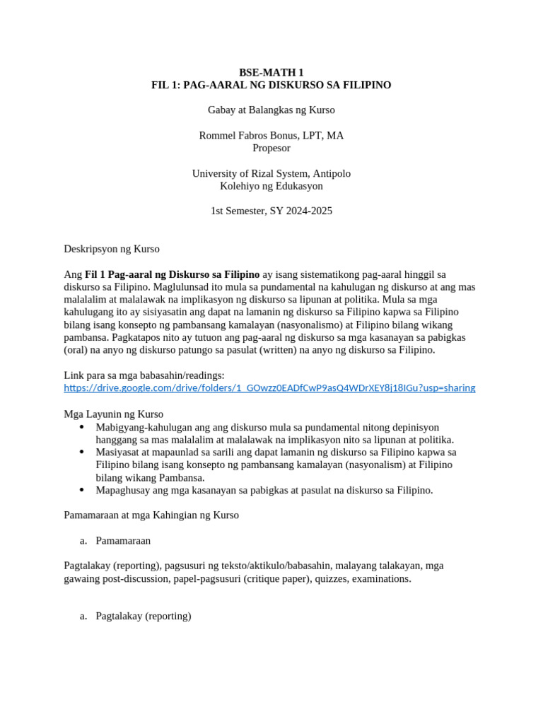Rse Guide and Outline Pag Aaral NG Diskurso Sa Filipino 1 | PDF