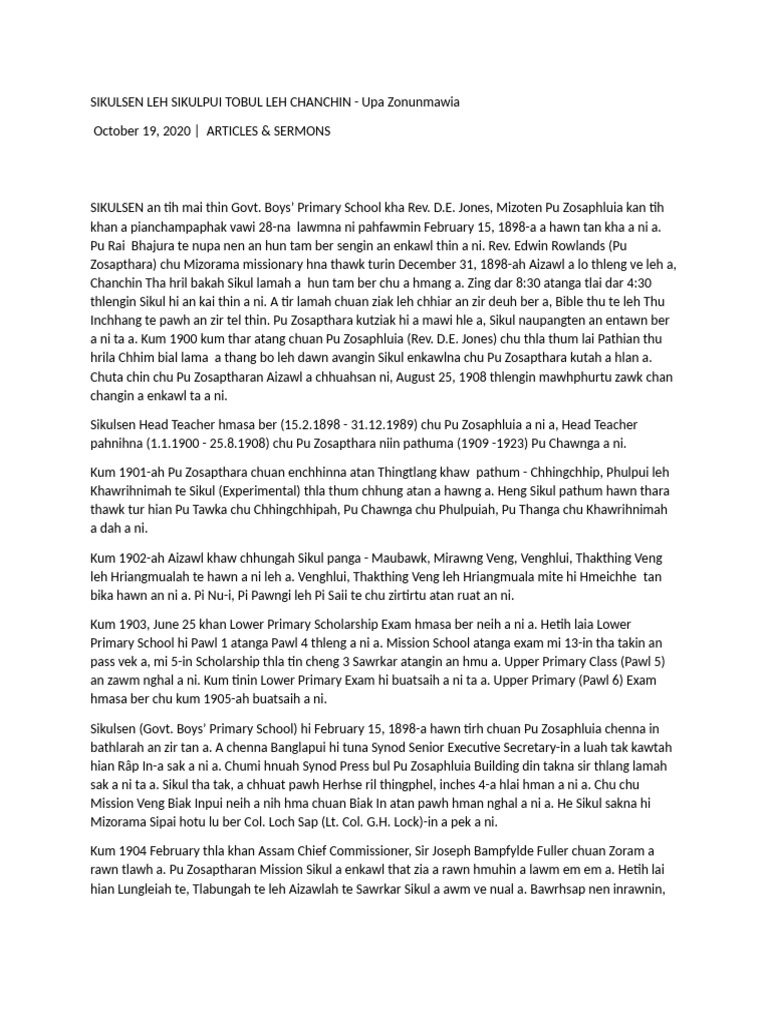 SIKULSEN LEH SIKULPUI TOBUL LEH CHANCHIN 1921 Words | PDF