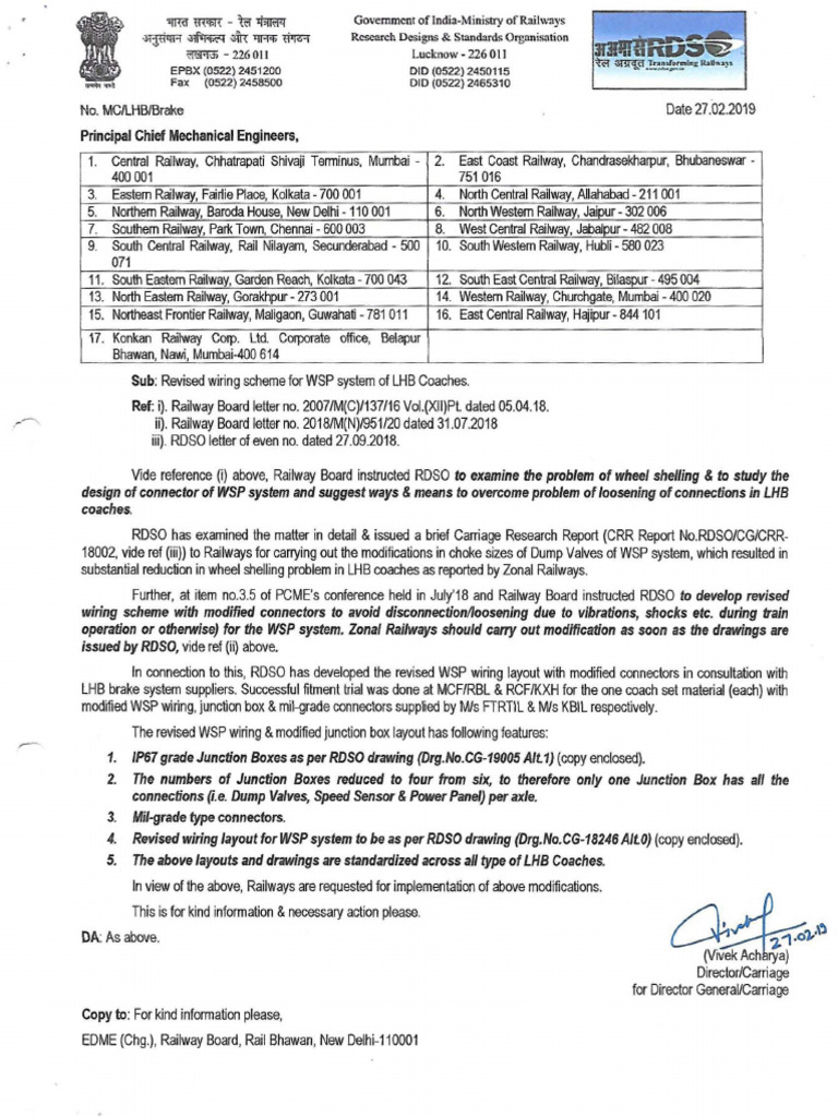RDSO - 2019!02!27 - Revised Wiring Scheme For WSP System of LHB Coaches ...