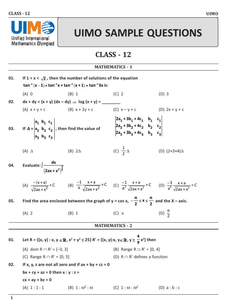 Class - 12 - UIMO - Sample Questions With KEY & Sol. | PDF