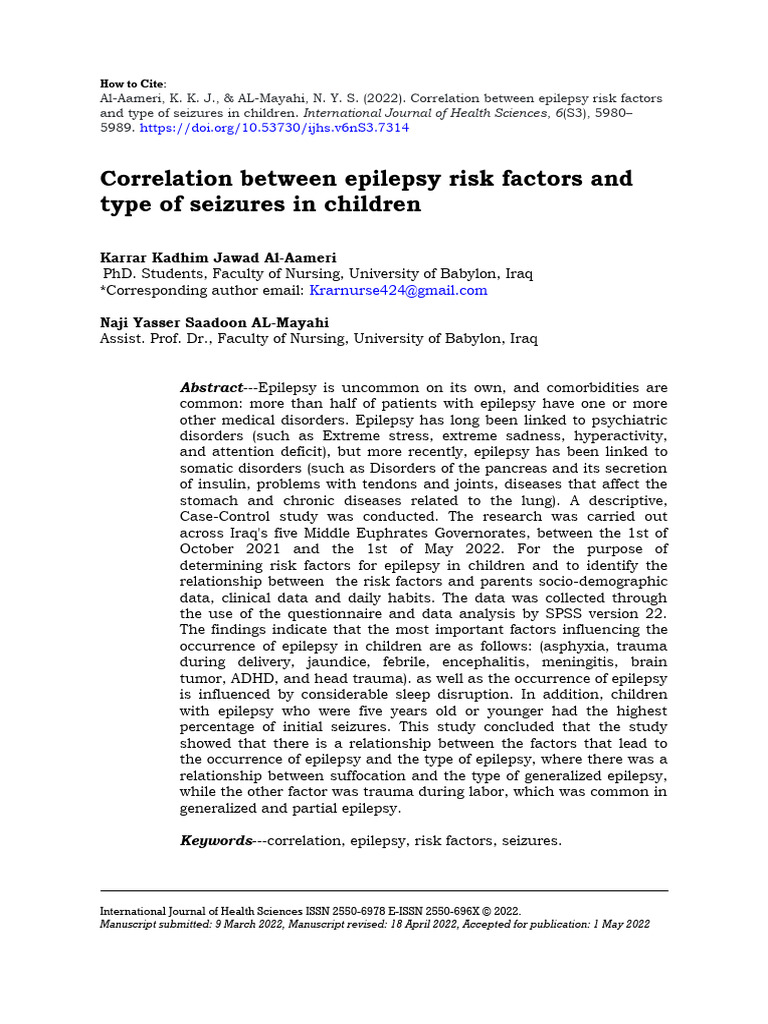Correlation Between Epilepsy Risk Factors and Type | PDF