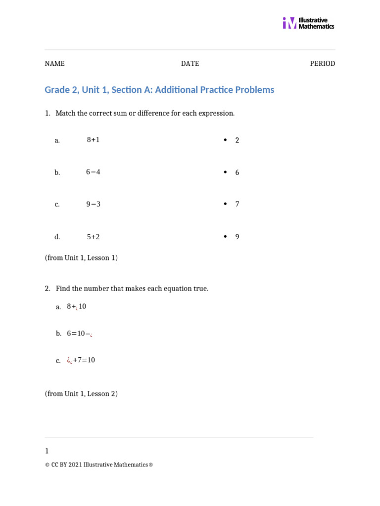 Grade2-1-A-Add and Subtract Within 20-Additional-Practice-Problem-Set | PDF