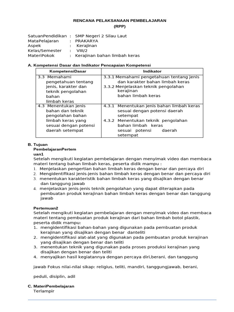 RPP Prakarya Kls VIII Semester 2 Prakarya | PDF