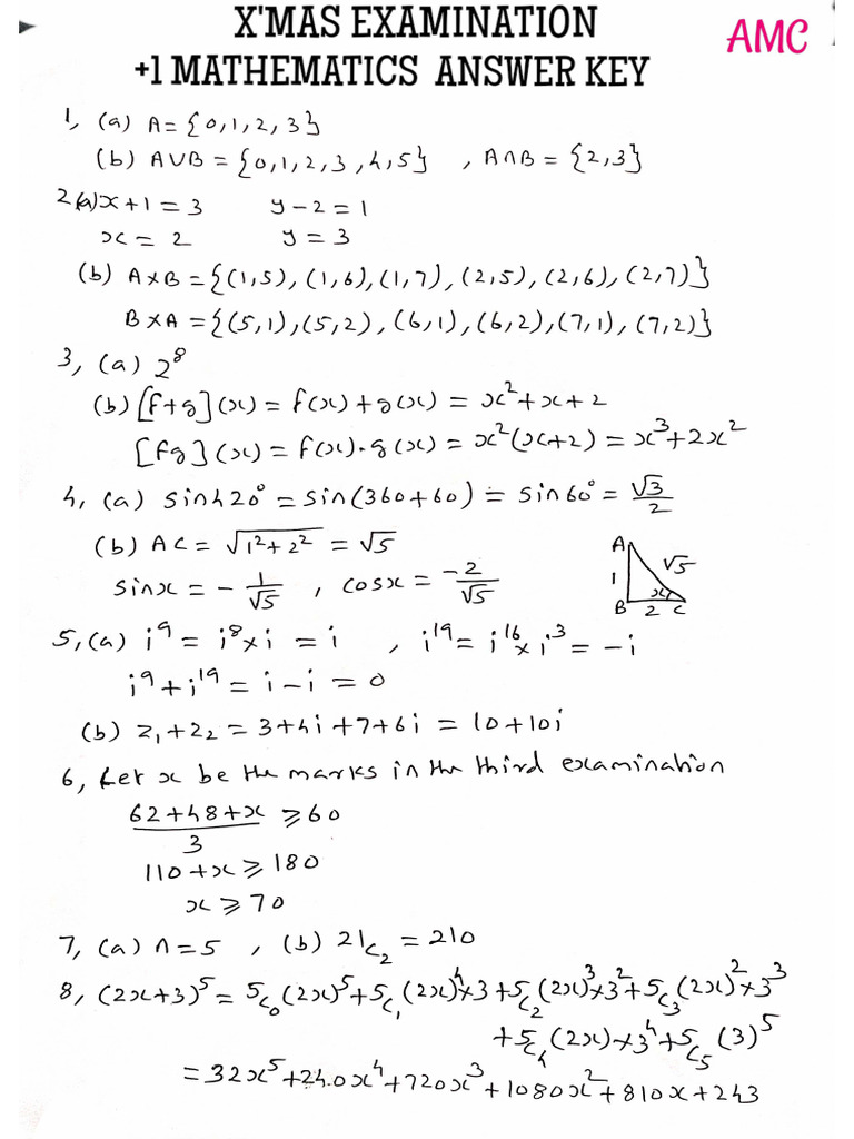 Kerala +1 Half Yearly Exam 2022 Maths Answer Key | PDF